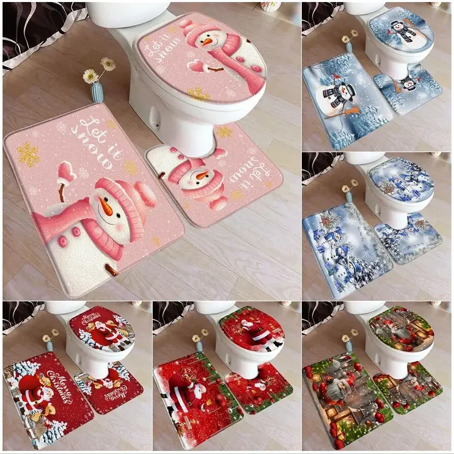 Funny-Christmas-Bath-Mat-Set-Cute-Snowman-Santa-Claus-Red-Balls-Xmas ...