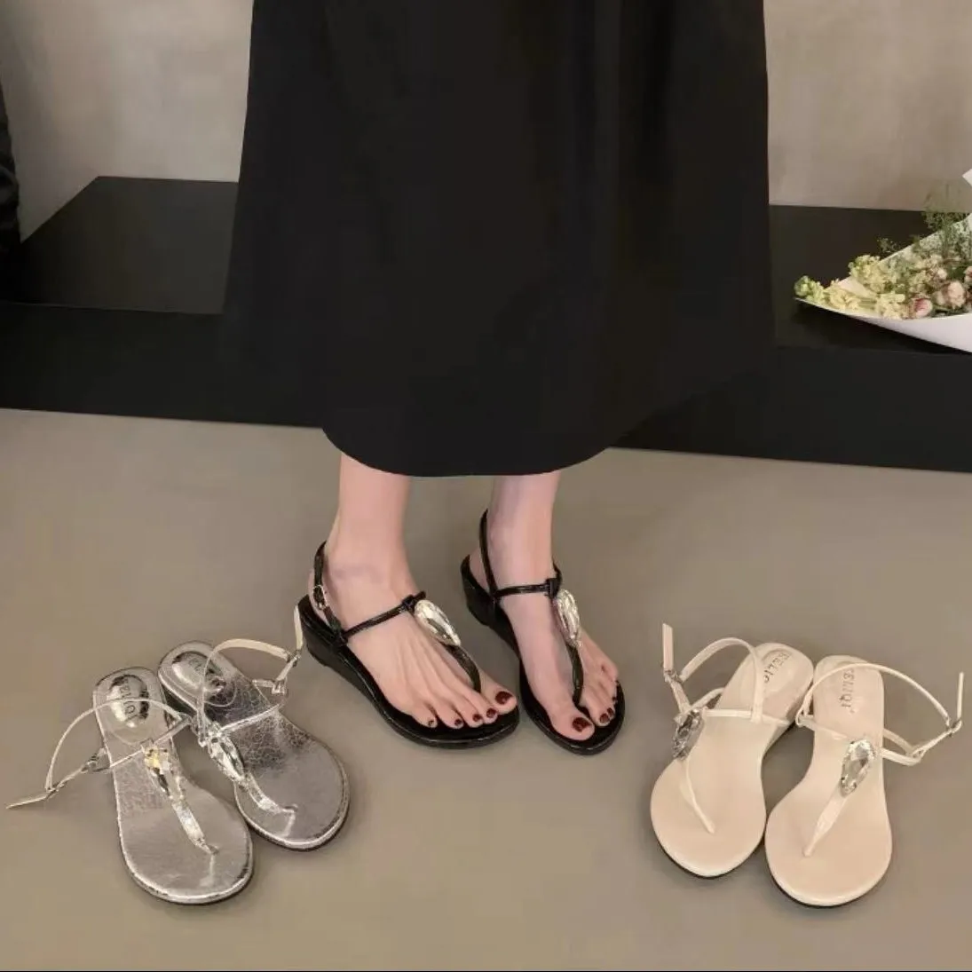 Rhinestone Sandals Square Toe Flat Summer Shoes Woman Riband Bling ...