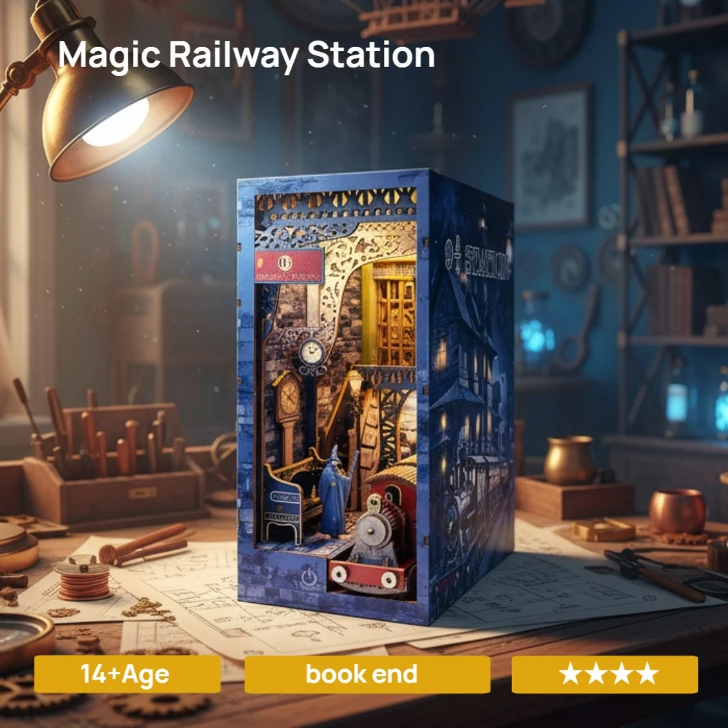 OUZEY DIY Magic Themed Train Stop Book Nook -3D Wooden Puzzle Miniature ...