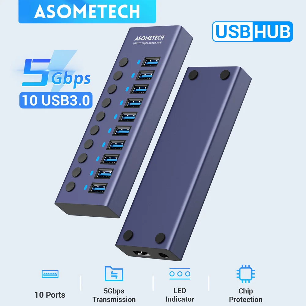 10 Port USB 3.0 Hub USB Hub 3.0 Multi USB Splitter 5Gbps Speed + 60W ...