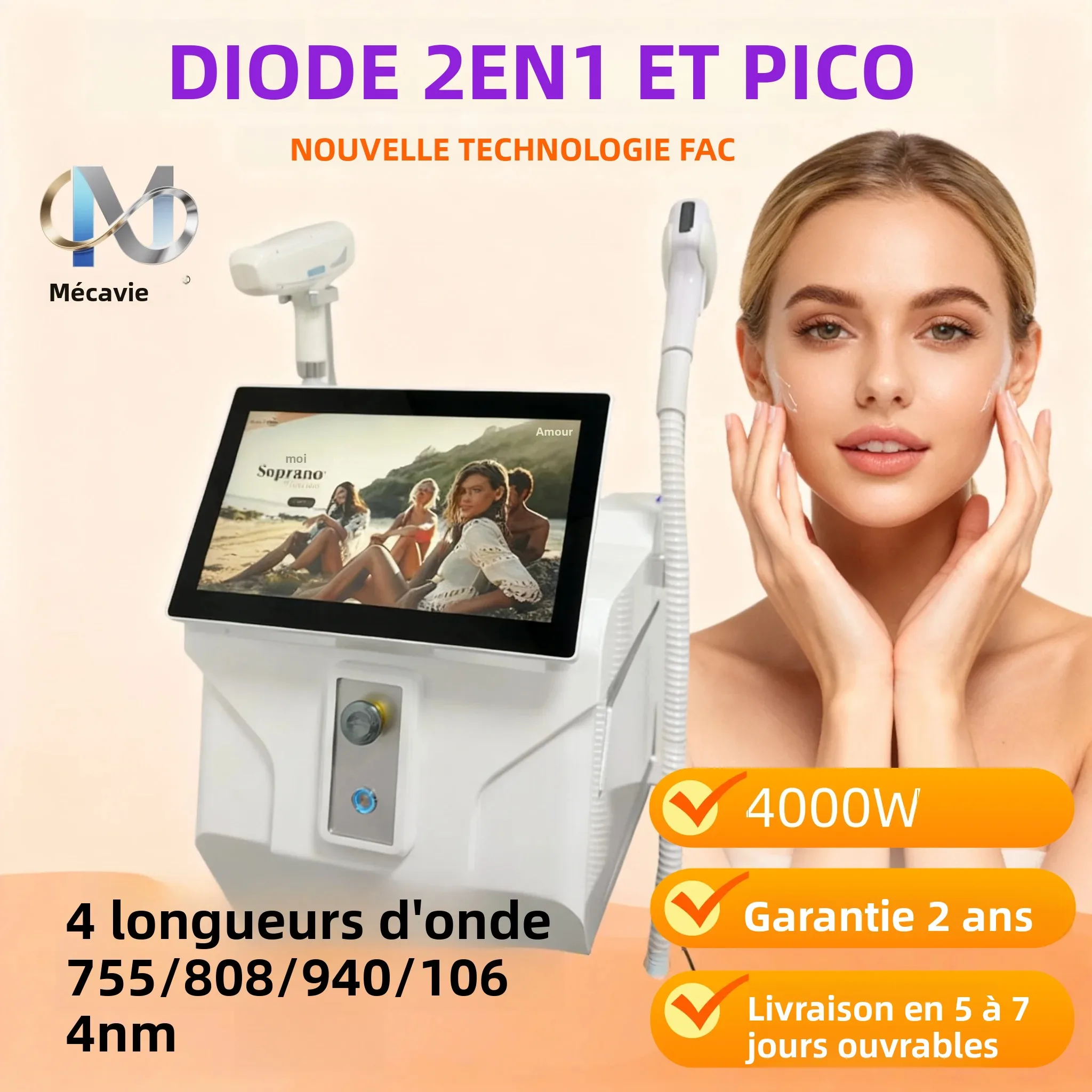 Diode 4000W 4Wave 755/808/940/1064nm picoseconde détatouage indolore ...