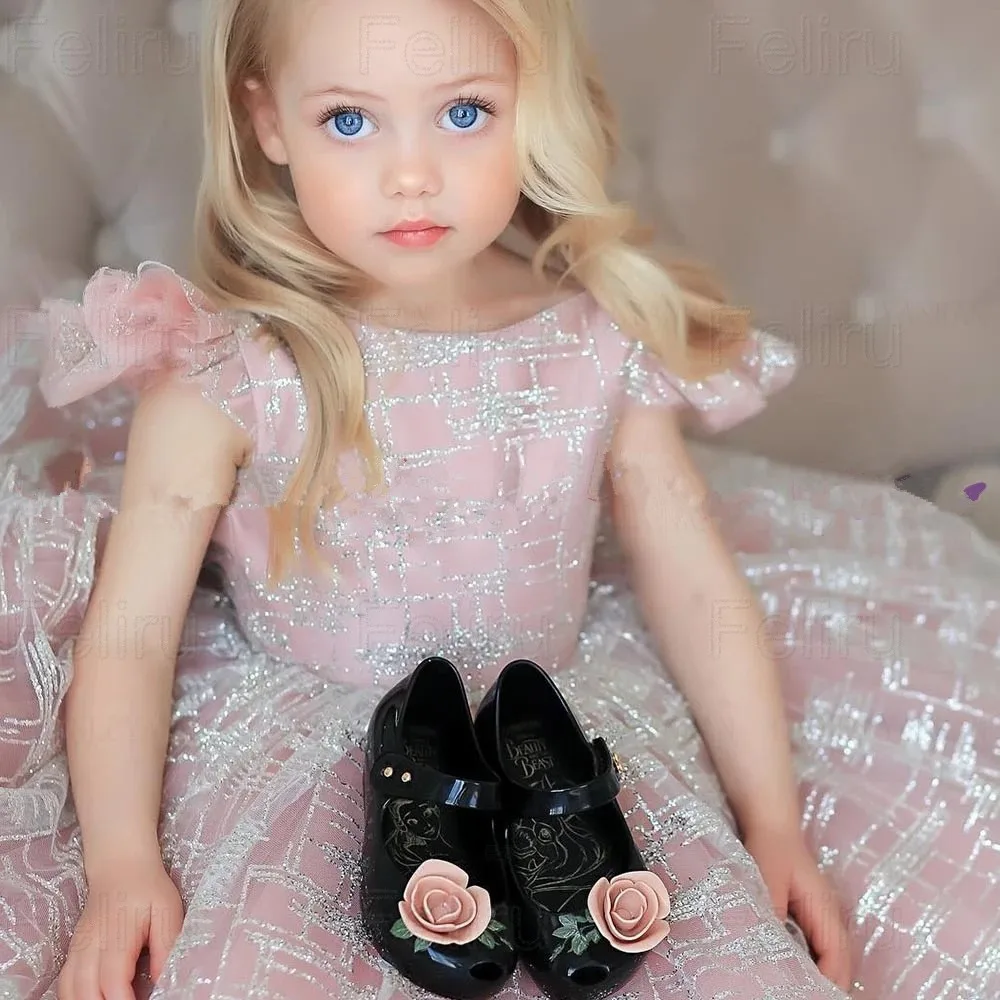 Pink Shiny Flower Girls Dresses 2023 O Neck Tiered Puffy Kids Wedding ...