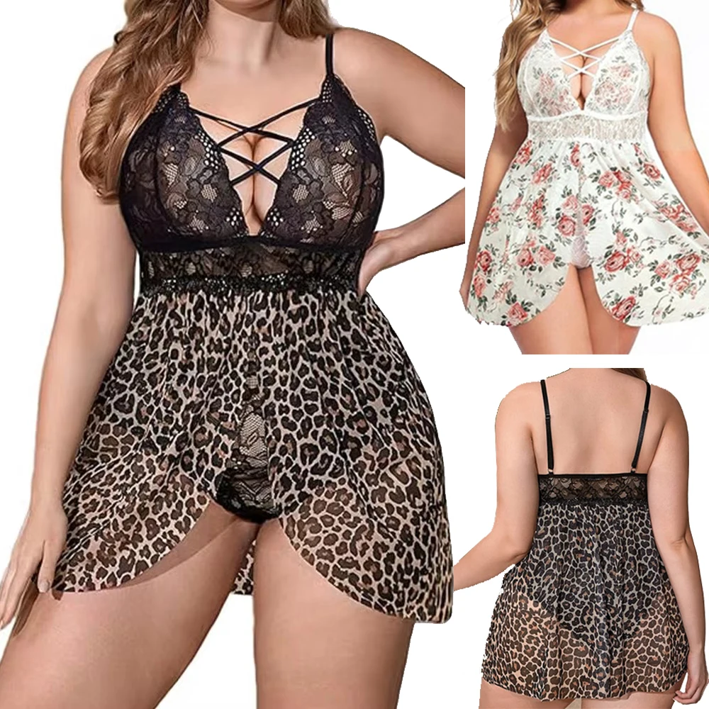Er-tico-V-Neck-Lace-Nighty-Sleepwear-Babydoll-Sexy-Impresso-Leopard-Dress-See-through-Lingerie ...