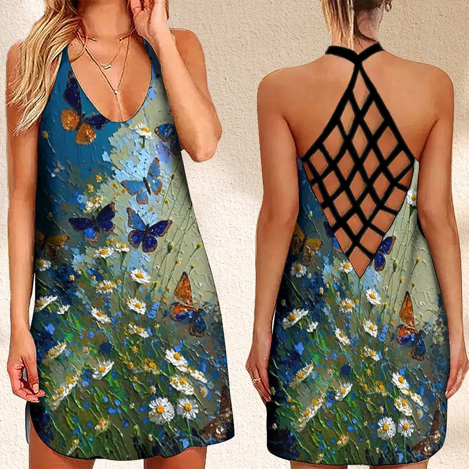 Criss-Cross-Backless-Butterfly-Print-Midi-Beach-Dress-Summer-Evening ...