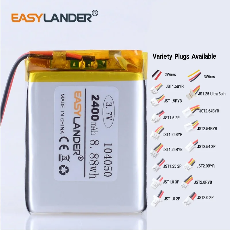 JST2.0 2P 3.7V 2400mAh 104050 Rechargeable Lithium Li-ion Polymer ...