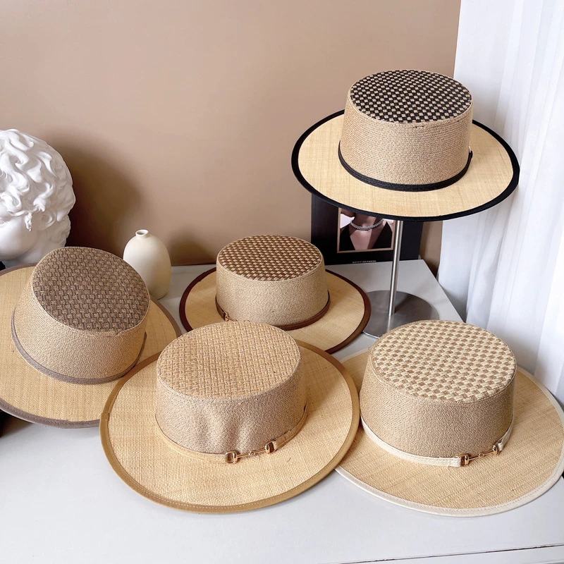 Checkerboard top handmade straw hat European and American retro style ...