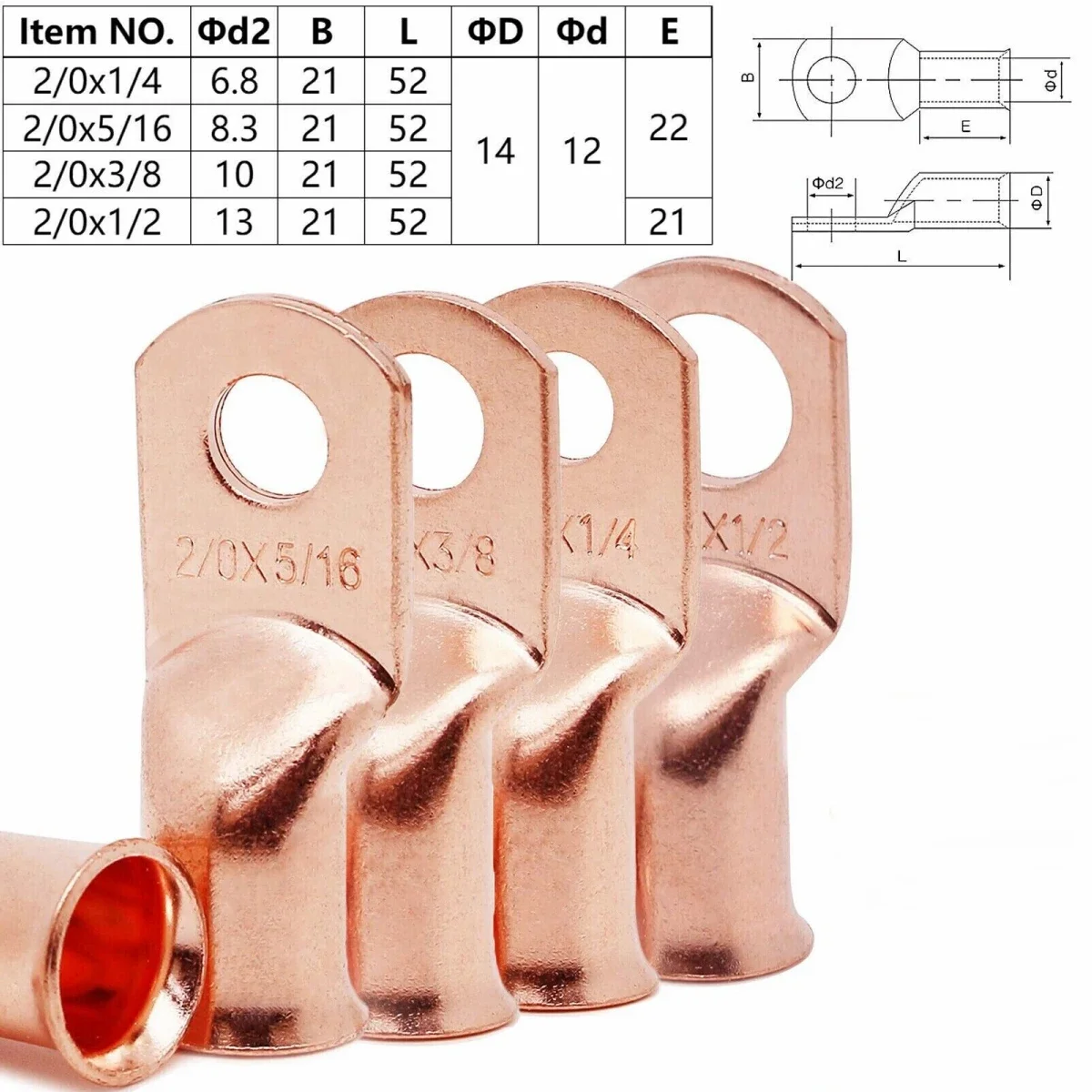 10-25PCS-2-0AWG-M6-M8-M10-M12-Bare-Copper-Cable-Wire-Lug-Ring-Terminnal ...