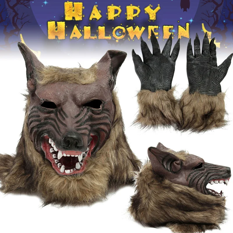 Halloween-Latex-Rubber-Wolf-Head-Hair-Mask-Werewolf-Gloves-Costume ...