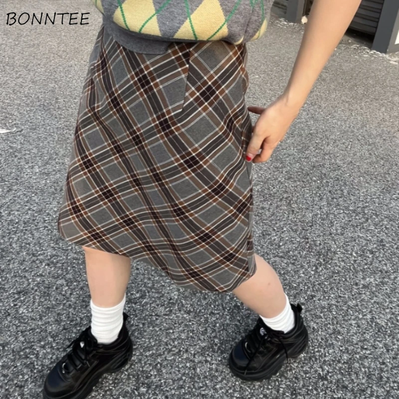 Grey Plaid Skirts Women Autumn High Waist French Temper College A-line ...
