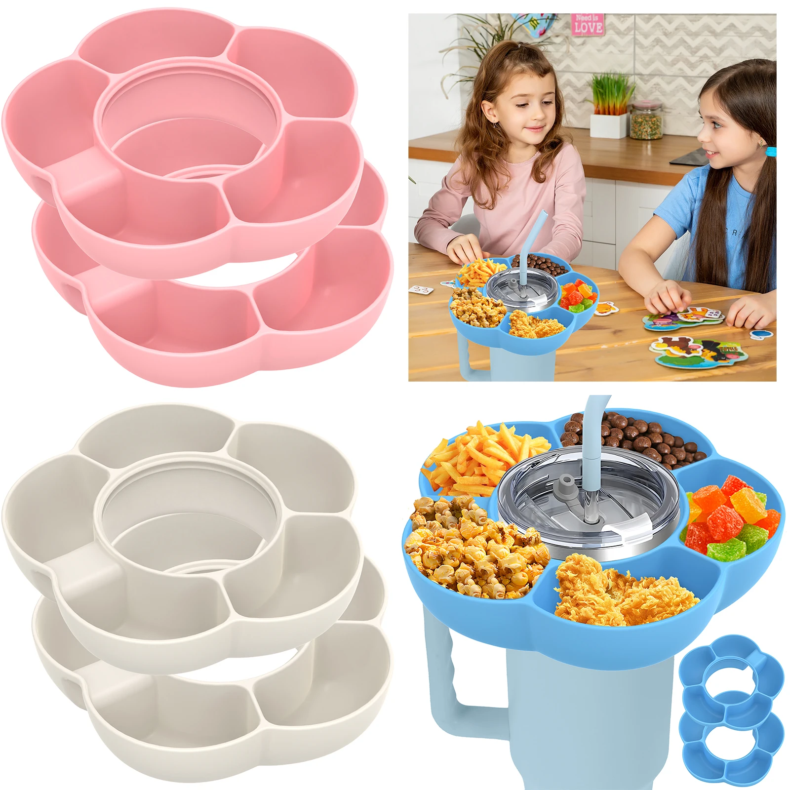 2Pcs Silicone Snack Bowl 40 Oz Reusable Snack 5 Grids Large Capacity ...
