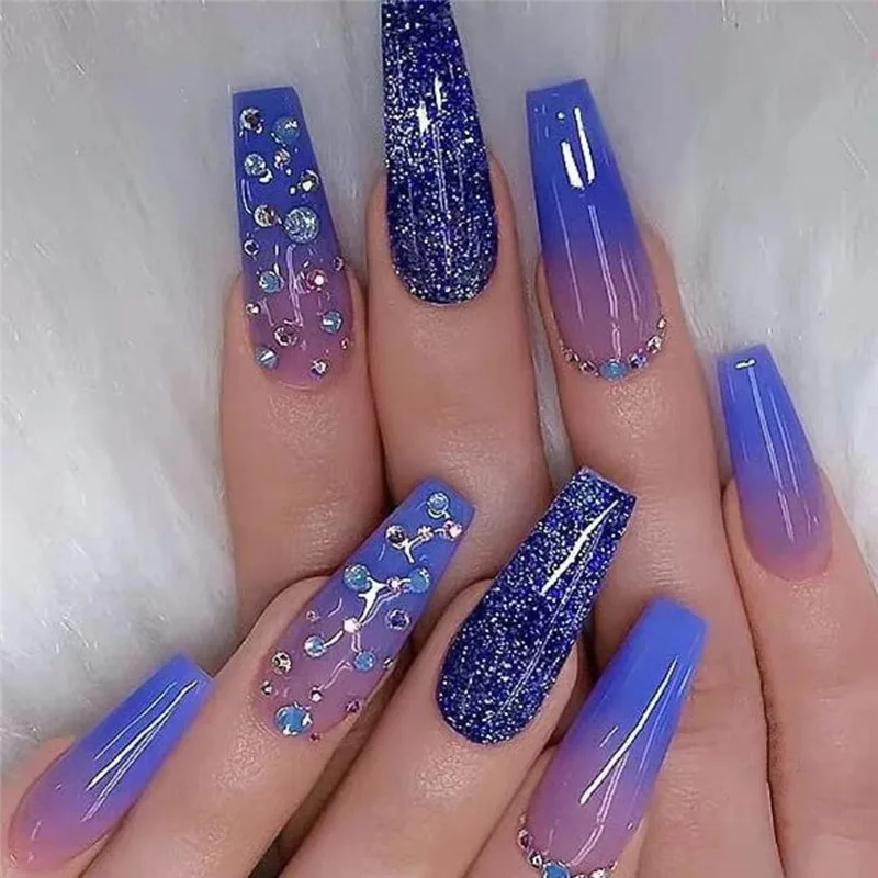 24PCS-Long-Fake-Nails-Blue-Sky-Glitter-Design-False-Nails-With ...