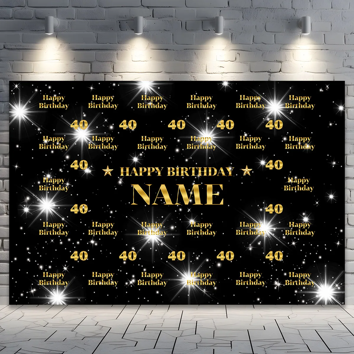 Custom Name Birthday Backdrop Black Gold Flash Light Photography ...