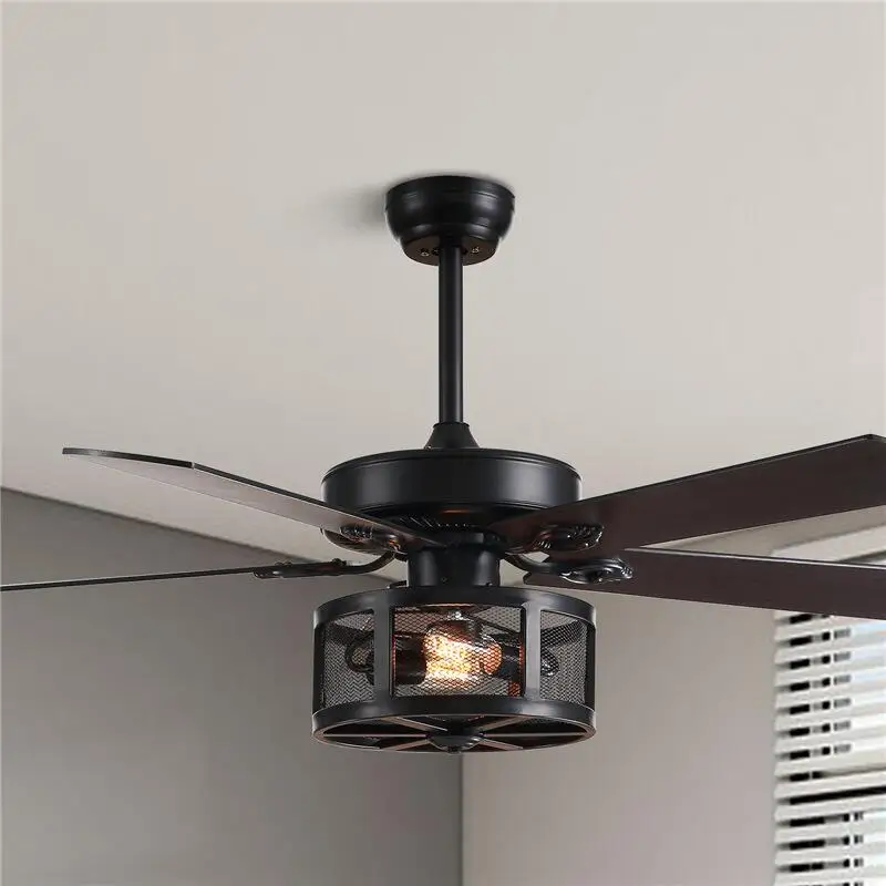 Ceiling-Fans-With-Light-Drum-Style-Retro-Black-5-Wood-Blades-Reverse-DC ...