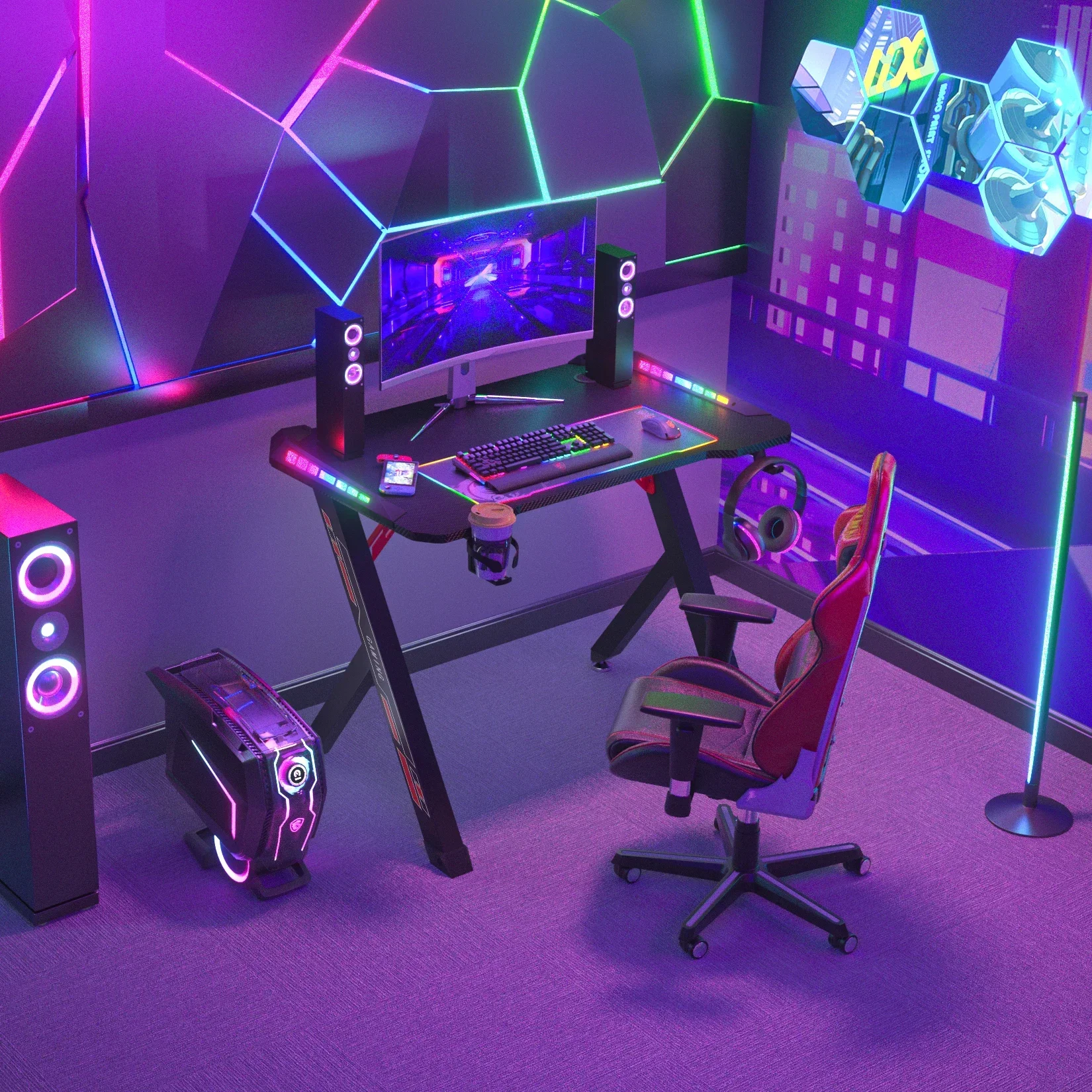 100cm/120cm RGB Gaming Computer Desk Table with Lights LED and Cup ...