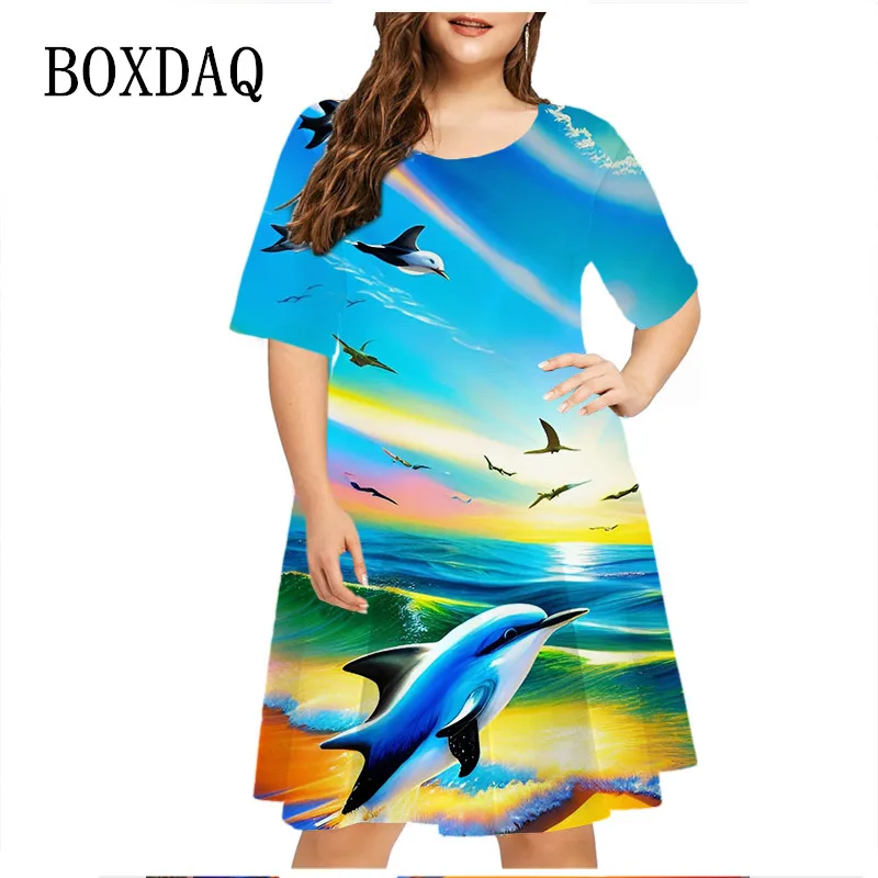 Ocean Whale Dress Rainbow Scenery Short Sleeve Dress Elegant Sweet ...
