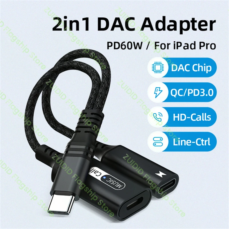 2in1 USB Type-C to USB C/8-Pin Female DAC Earphone Adapter PD60W Fast Charge Headphone Audio Aux ...