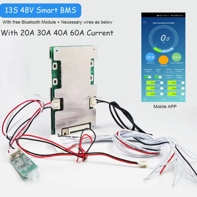48V 13S Smart PCB with 20A to 60A discharge current for 54.6V bluetooth BMS E-Bike li-ion ...