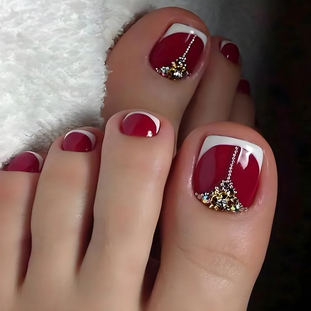24pcs-Retro-Red-False-Toenails-with-Gold-Crystal-Design-French-Full ...