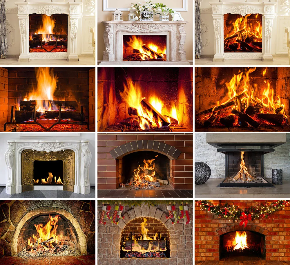 Mehofond Photography Background Brick Wall Fireplace Wood Fire Flame ...