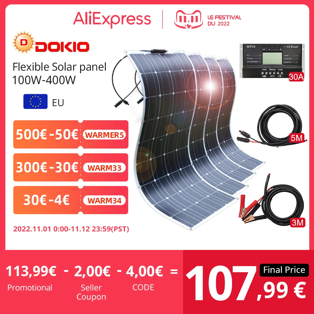 Dokio 12v 100w 200w 400w Flexible Solar Panel For Car/boat/ Home ...
