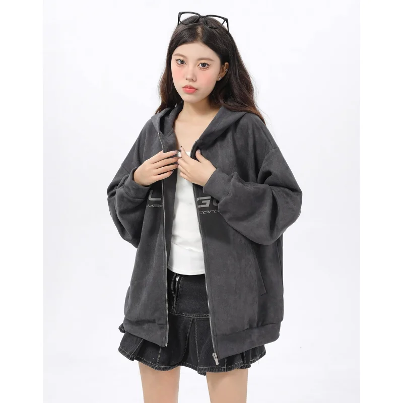 Y2K-Spring-Dark-Grey-Women-Clothing-Korean-Fashion-Printing-Baggy-Hooded-Jacket-Streetwear-Solid ...