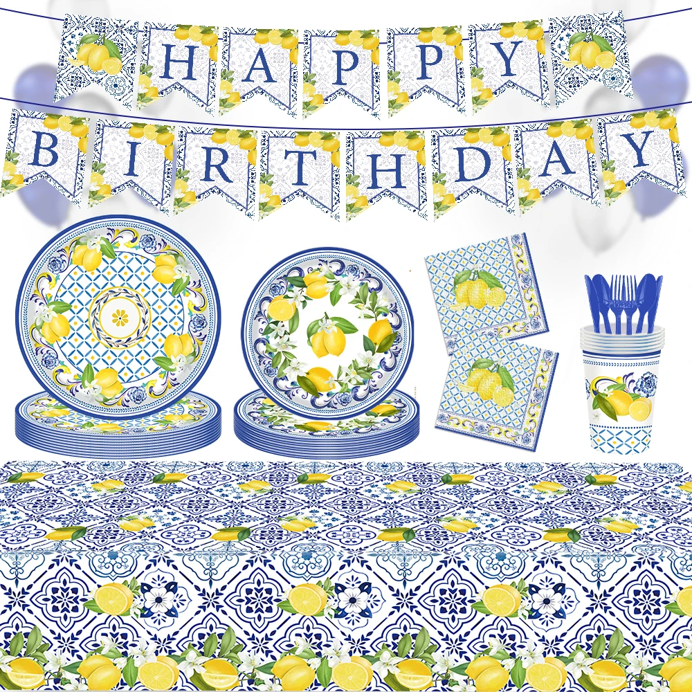 Lemon-Blue-and-White-Porcelain-Theme-Birthday-Decorations-Party ...
