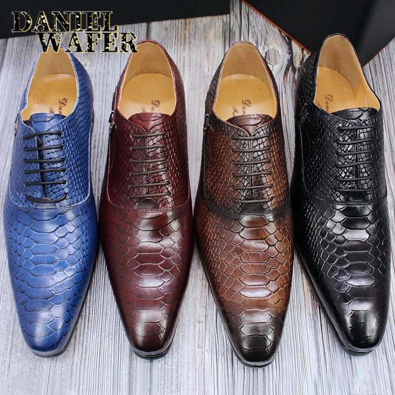 Fashion Men Dress Leather Shoes Snake Skin Prints Classic Style Wine ...