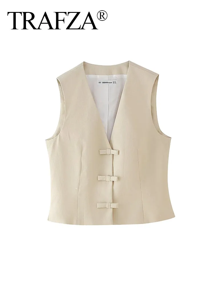TRAFZA-Summer-Vest-Tops-Woman-2024-Trendy-Solid-V-Neck-Sleeveless-Bow ...