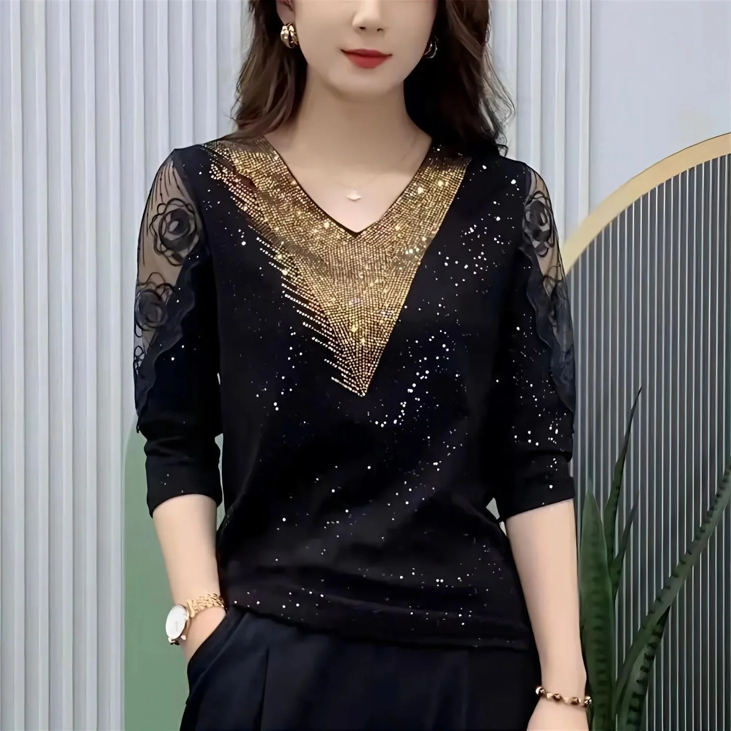 Women Spring Autumn Style Blouses Shirts Lady Casual Long Sleeve V-Neck ...