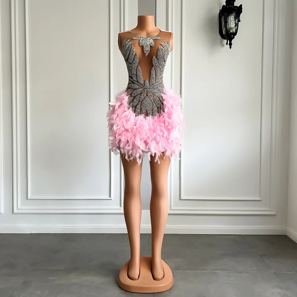 Luxury-Sexy-Sheer-Silver-Rhinestone-Homecoming-Cocktail-Dress-Pink-Feather-Black-Girls-Short ...