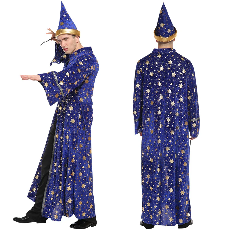Adults Halloween Costumes Wizard Glittering Stars Robe Pointy Hat Party ...