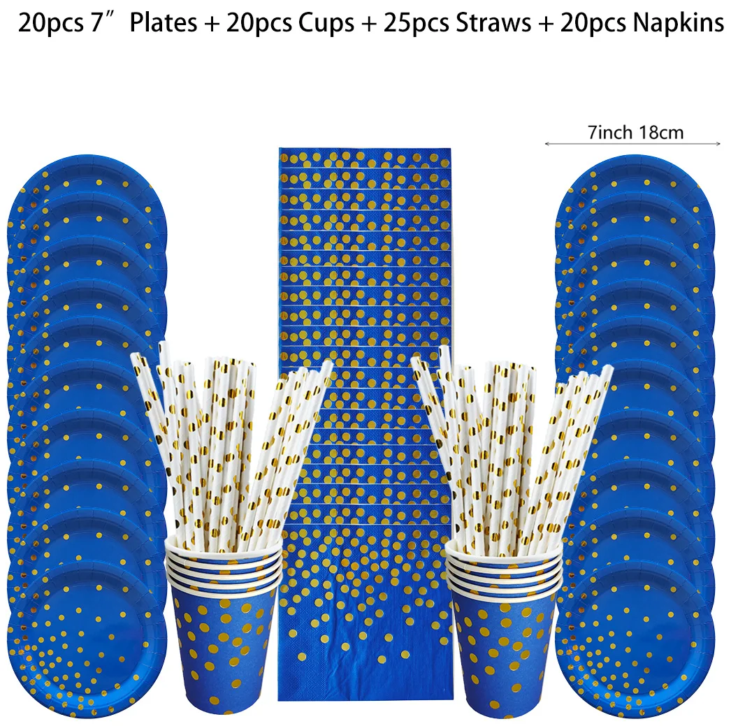 40/90Pcs Blue Dot Disposable Tableware Sets Paper Cup Plates Straw for ...
