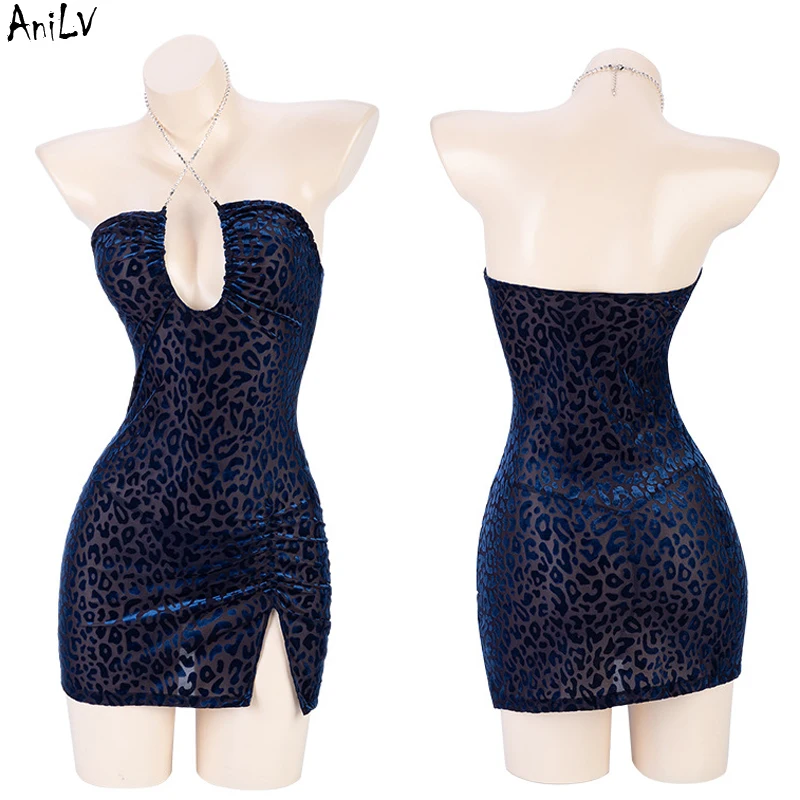AniLV-vestido azul con cuello Halter y cadena para mujer, traje Sexy de ...