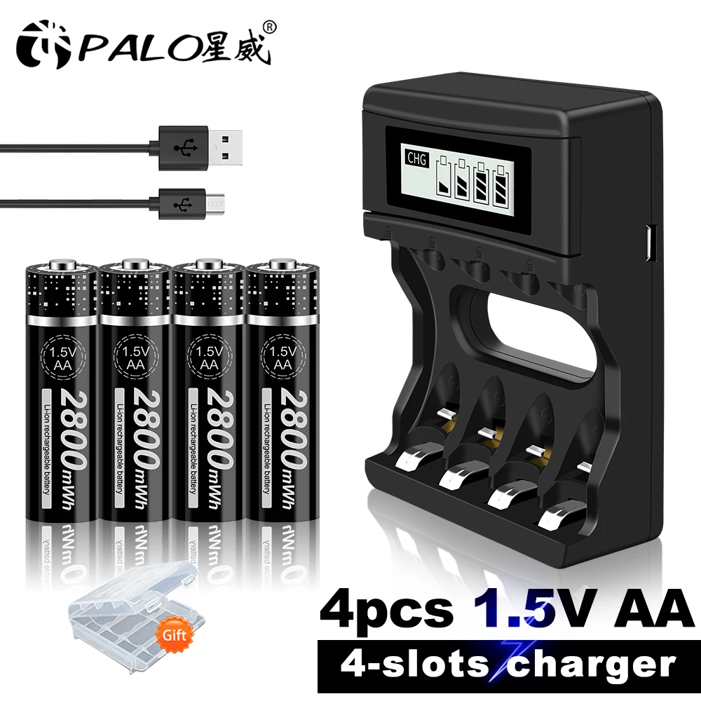 PALO AA 1.5V 2800mWh lítio li ion AA bateria recarregável AA + 4 Channel polímero lítio li ion 1 ...