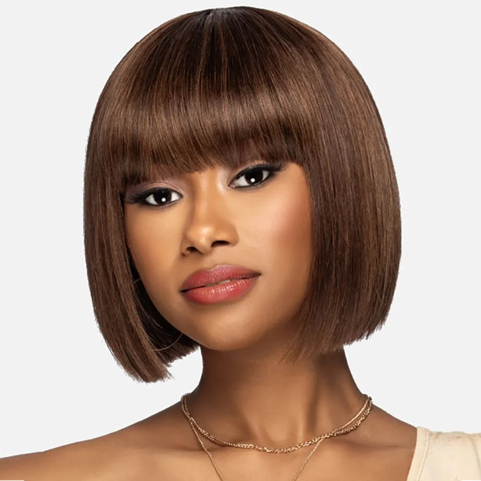 Perruque-Bob-Naturelle-Remy-avec-Frange-pour-Femme-Cheveux-Courts-et ...