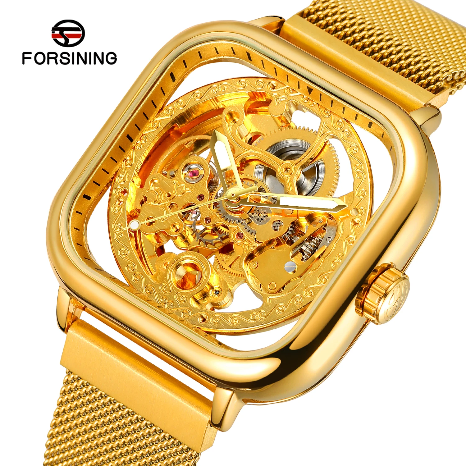 High-end FORSINING Designer Luxury Man Gold Watch Square Steel Skeleton ...