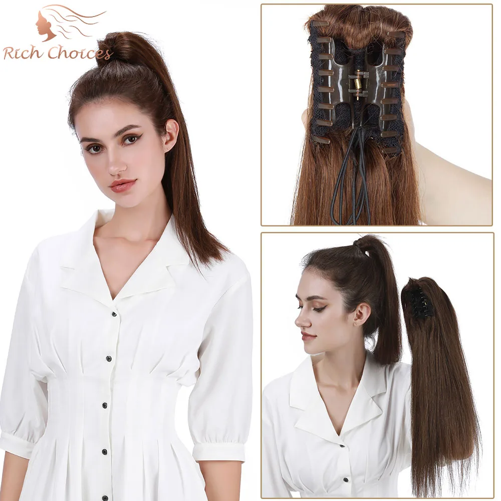Human Hair Claw Clip Ponytail Extension Drawstring 14-22Inches Straight ...