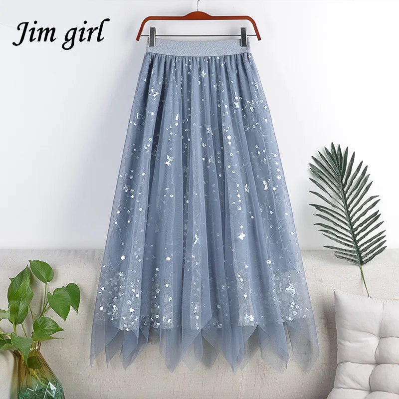 Moda lantejoulas tule maxi saia para mulher autumm elástico de cintura ...