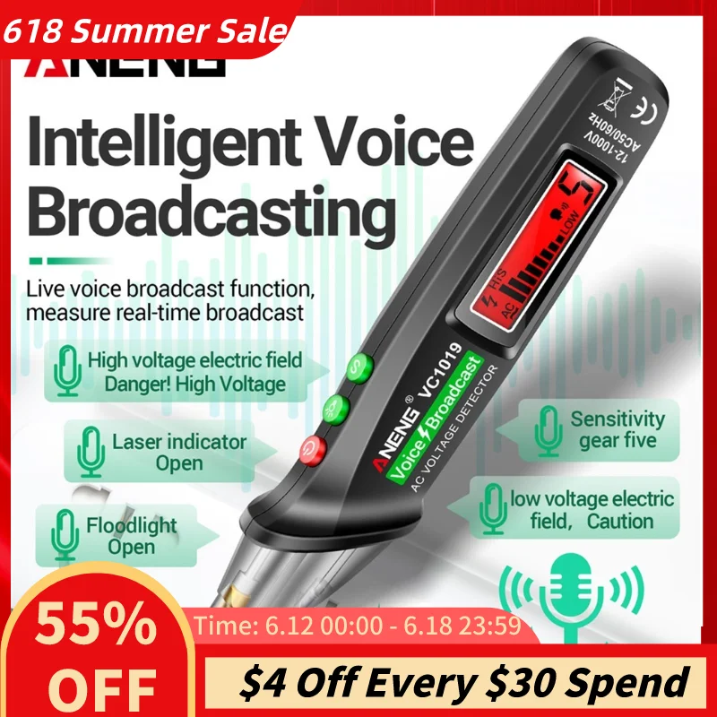 ANENG VC1019 Intelligent Voice Broadcast Tester Pen Voltage Detector 12 ...