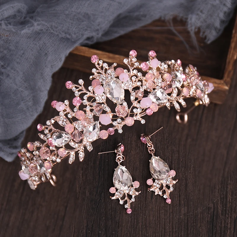 Handmade Rose Gold Rosa Kristall Braut Diademe Crown Strass Pageant ...