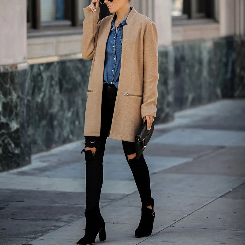 Office Fashion Solid Color Long Sleeve Elegant Lapel Coat