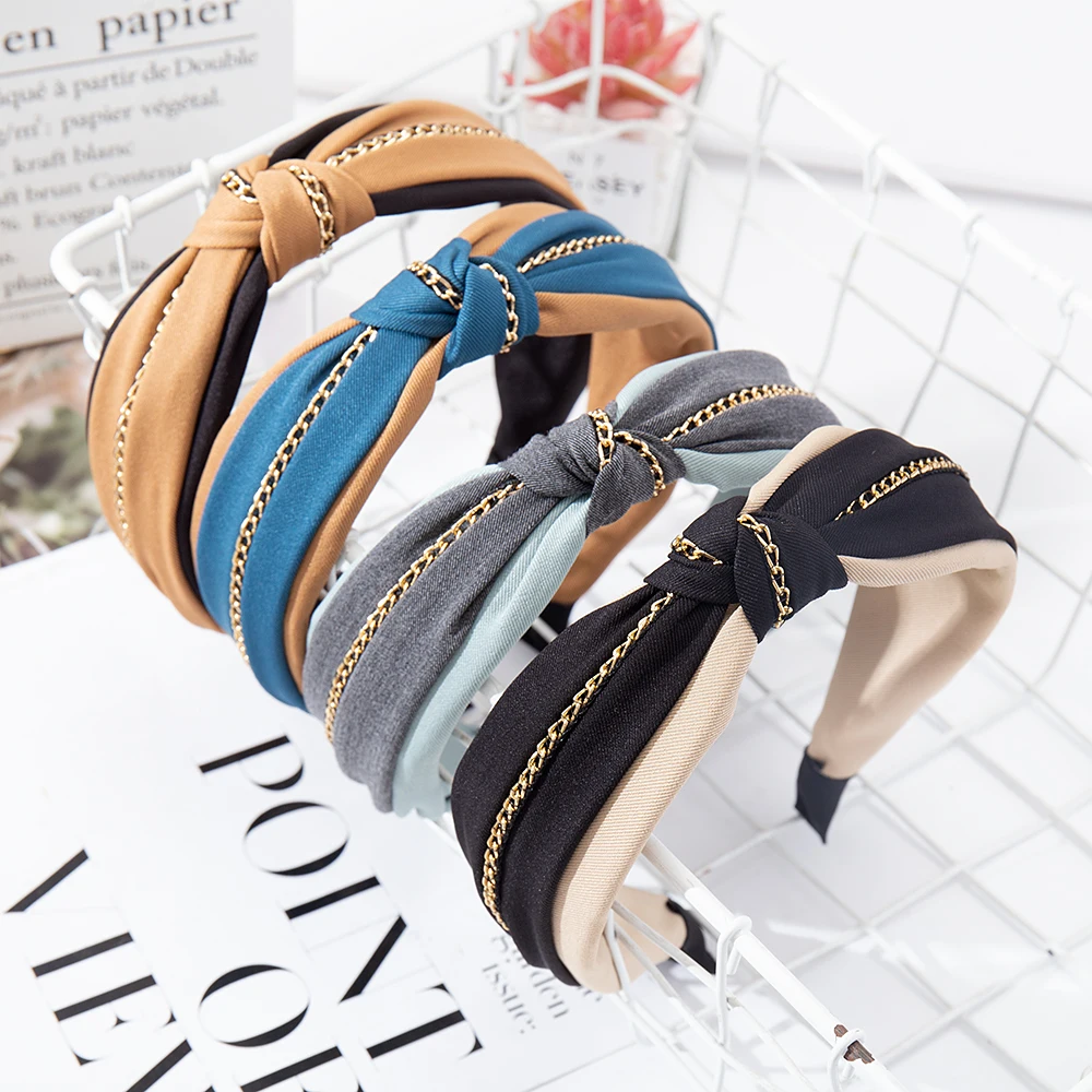 Wide Top Knot Hair Bands For Women Solid Color Chain Bow Elastic ...