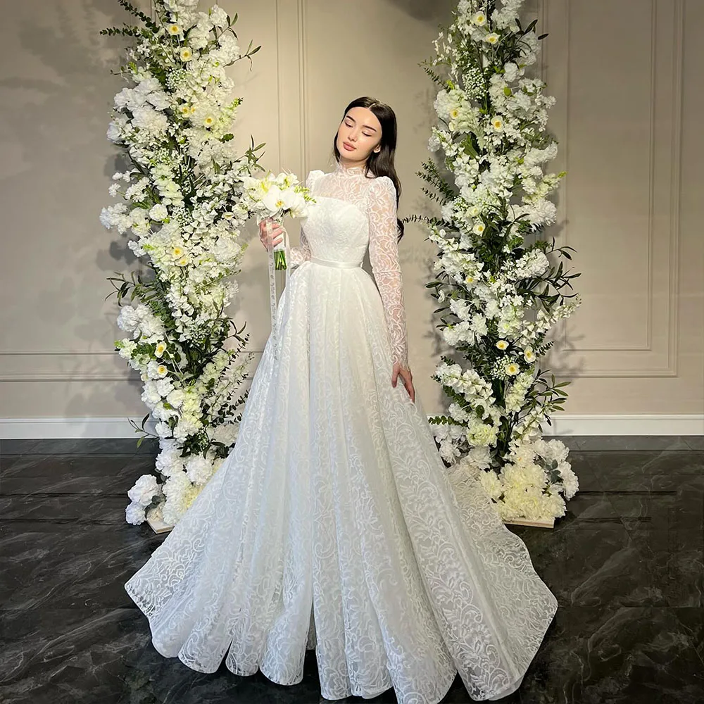 Modest Wedding Dresses High Neck Long Sleeve A Line Princess Bride ...