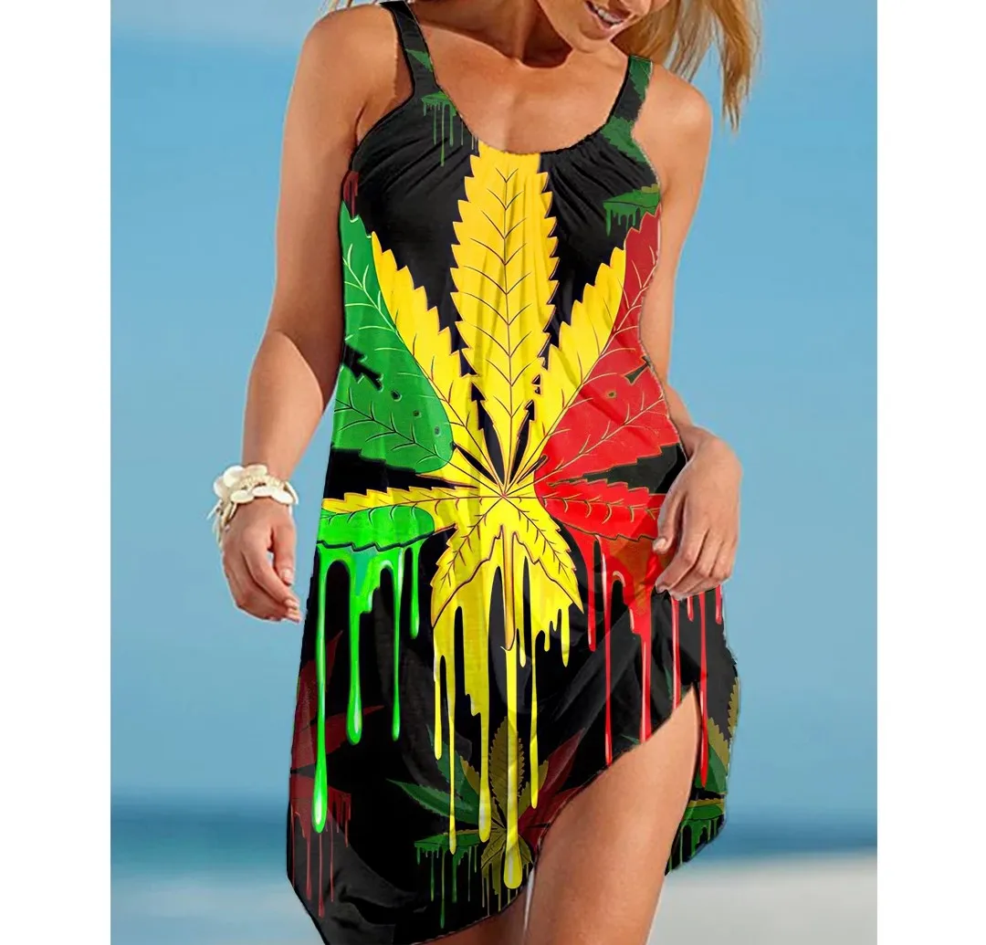 New-Green-Weed-Leaf-Print-Women-Vintage-Dress-Woman-Fashion-Beach-Dress ...