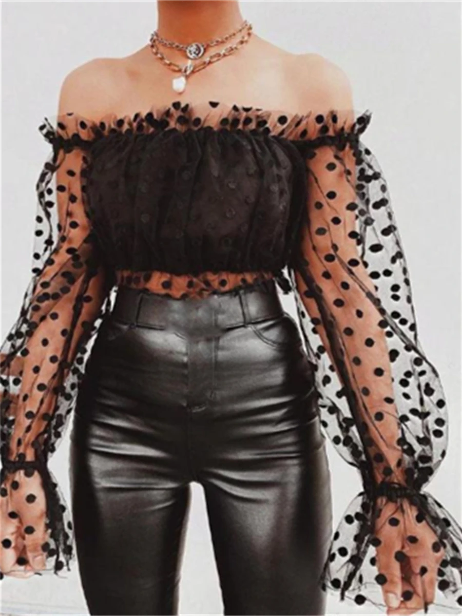 Camisa-de-encaje-transparente-con-hombros-descubiertos-para-mujer-Tops ...
