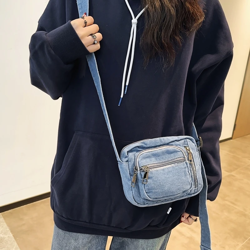 Classic Denim Multi Pocket Casual Small Shoulder Bag With Adjustable ...