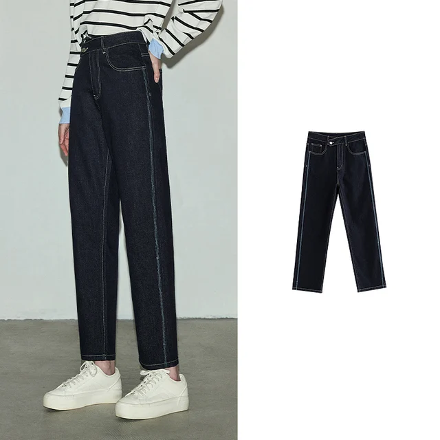 Toyouth Women Jeans 2023 Autumn Straight Long Pants Irregular Sloping ...