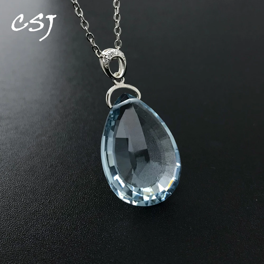 CSJ 925 Sterling Silver Aquamarine Pendant for Women, Criated Gemstone, Colar de Topázio 18x26mm ...