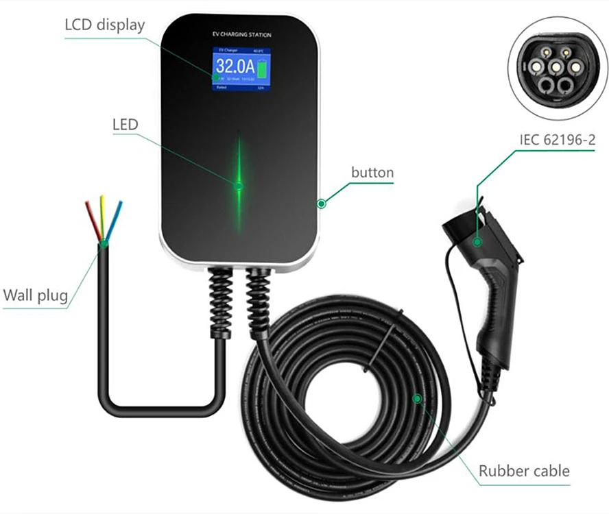 EVSE Wallbox 7kw 32A EV Car Charger Wallmount Electric Vehicle Charging Station Type 2 Ev Cable ...