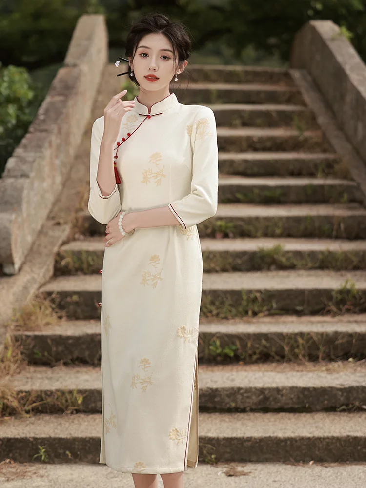Traditional-Chenille-Seven-Points-Sleeve-Long-Style-Cheongsam-Elegant ...